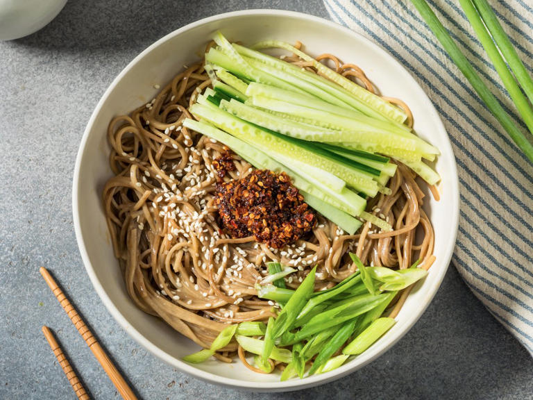 Cold soba noodles with cucumber and tahini sauce