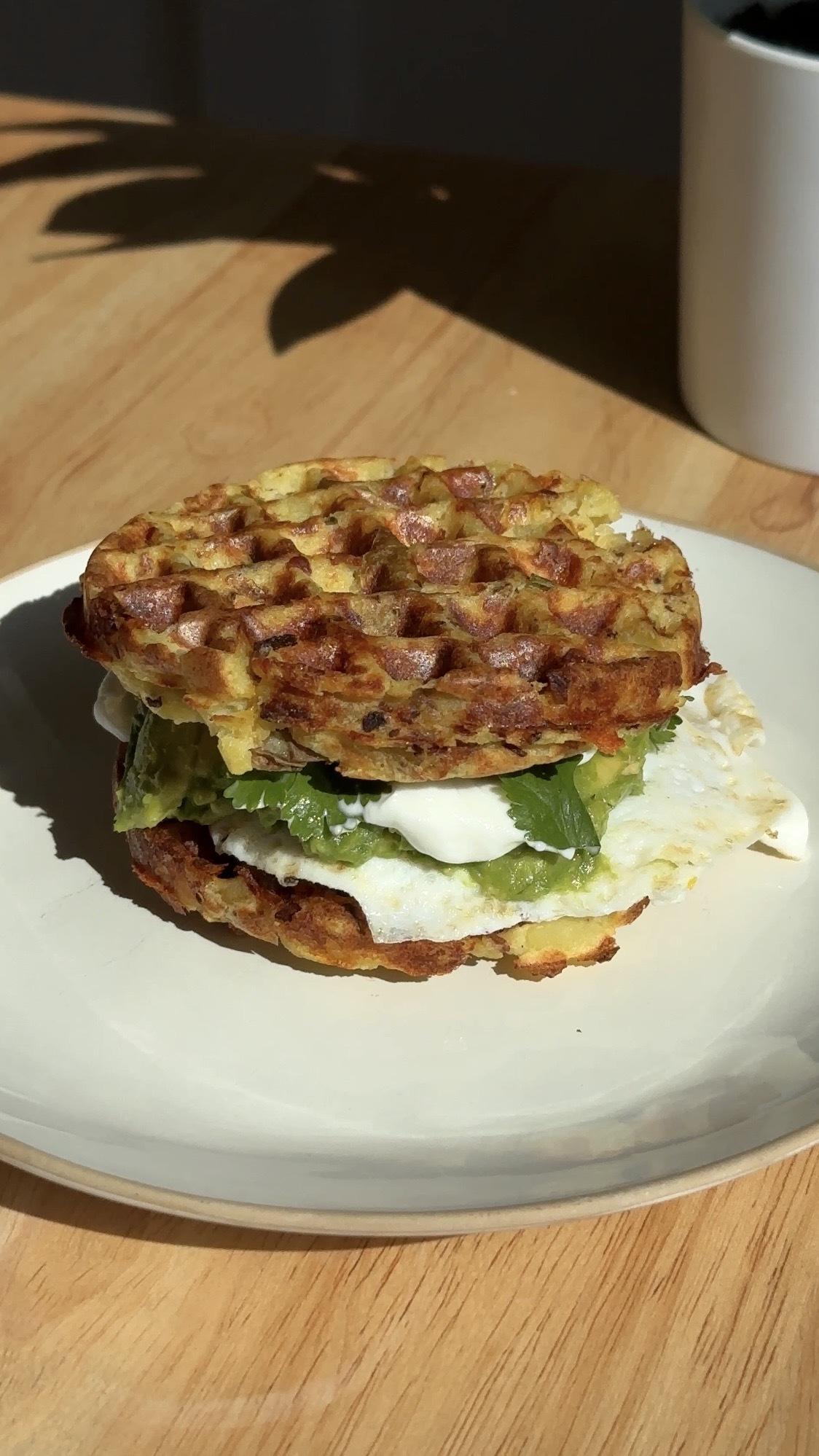 Loaded potato waffle breakfast sandwich