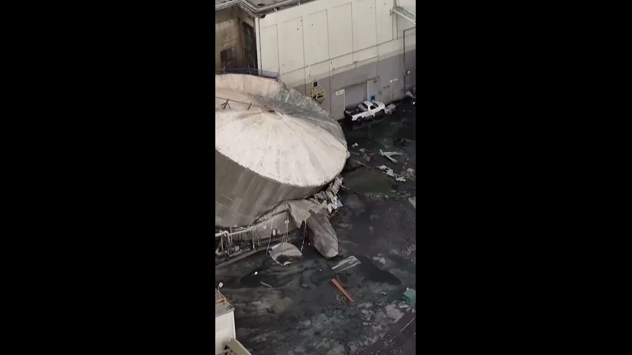 Drone footage reveals aftermath of chemical tank blast