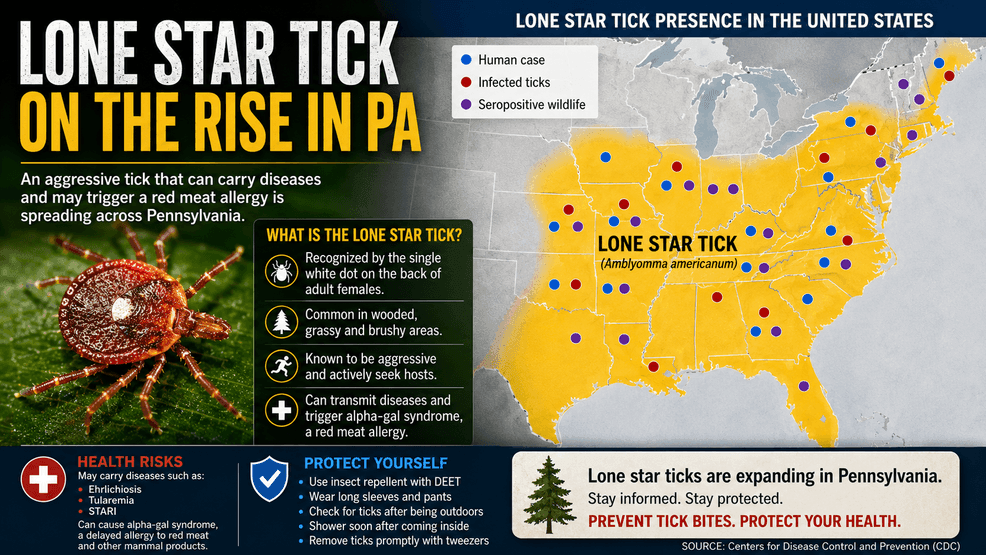 Pennsylvania residents warned about growing presence of lone star ticks