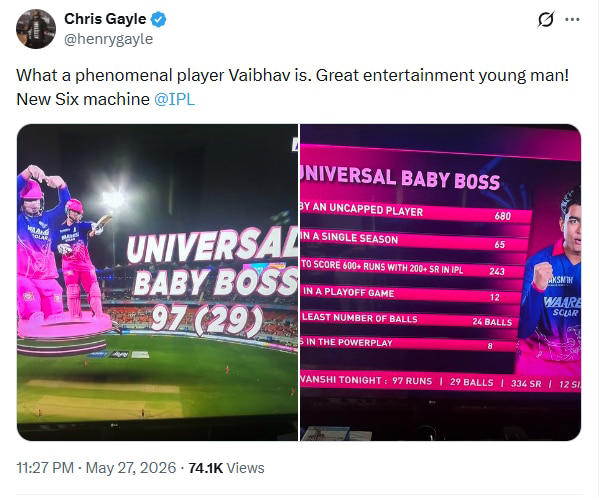 Vaibhav Sooryavanshi breaks Gayle's IPL six record, earns new six ...
