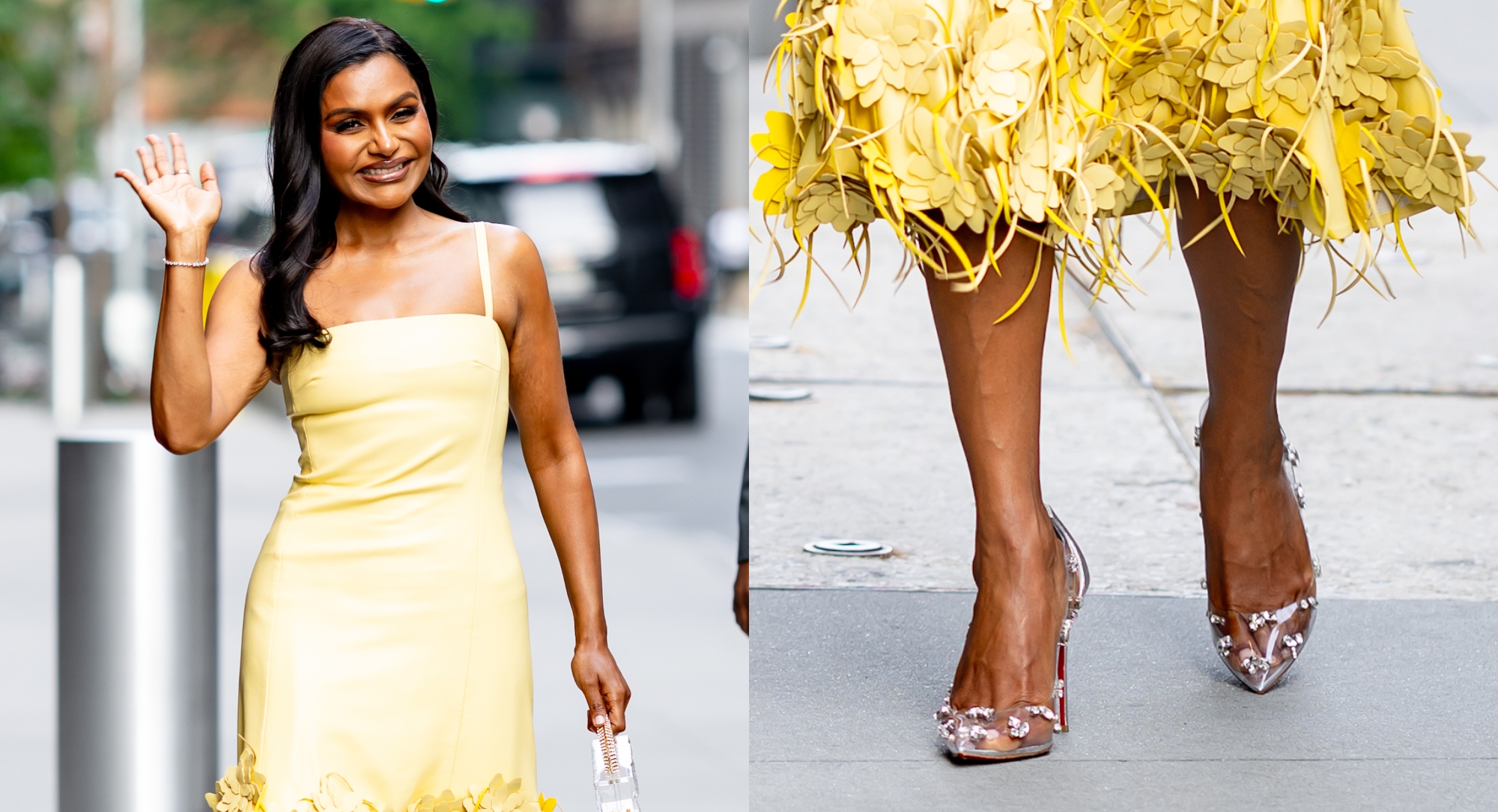 Mindy Kaling keeps the clear shoe trend going with Louboutins in NYC