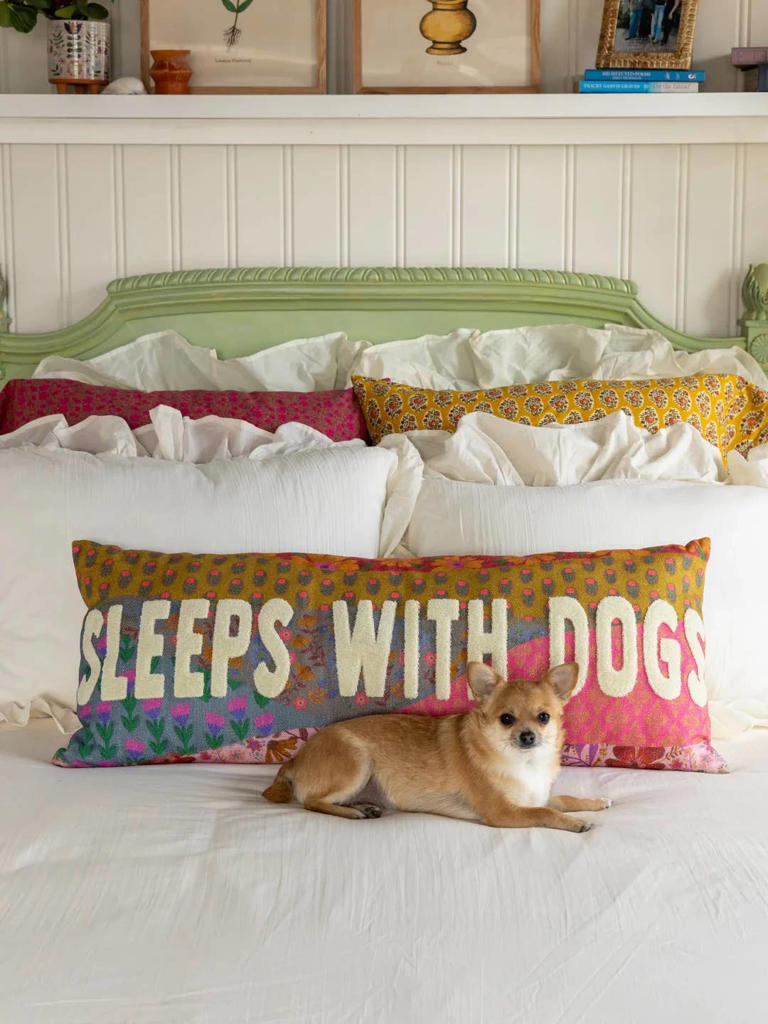 Discover the adorable 'Sleeps With Dogs' pillow loved by dog parents