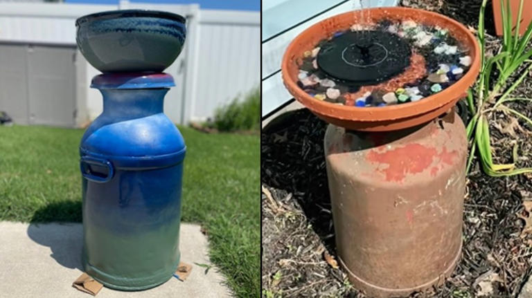 Turn an old vintage milk can into a charming bird bath