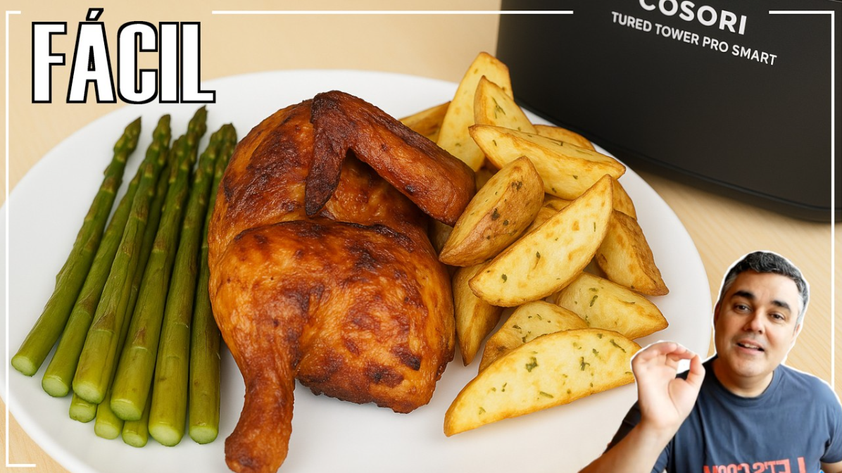 Pollo asado en 30 minutos con patatas deluxe y espárragos