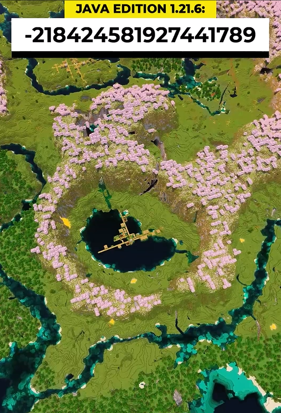 Minecraft cherry grove circle seed with a lake village discovery
