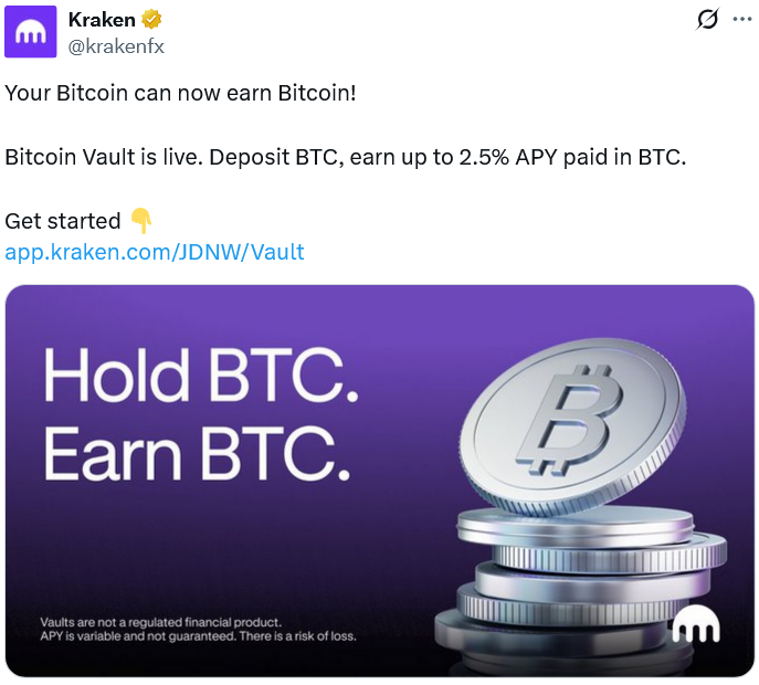 Kraken rolls out Bitcoin vault product for holders to earn yield