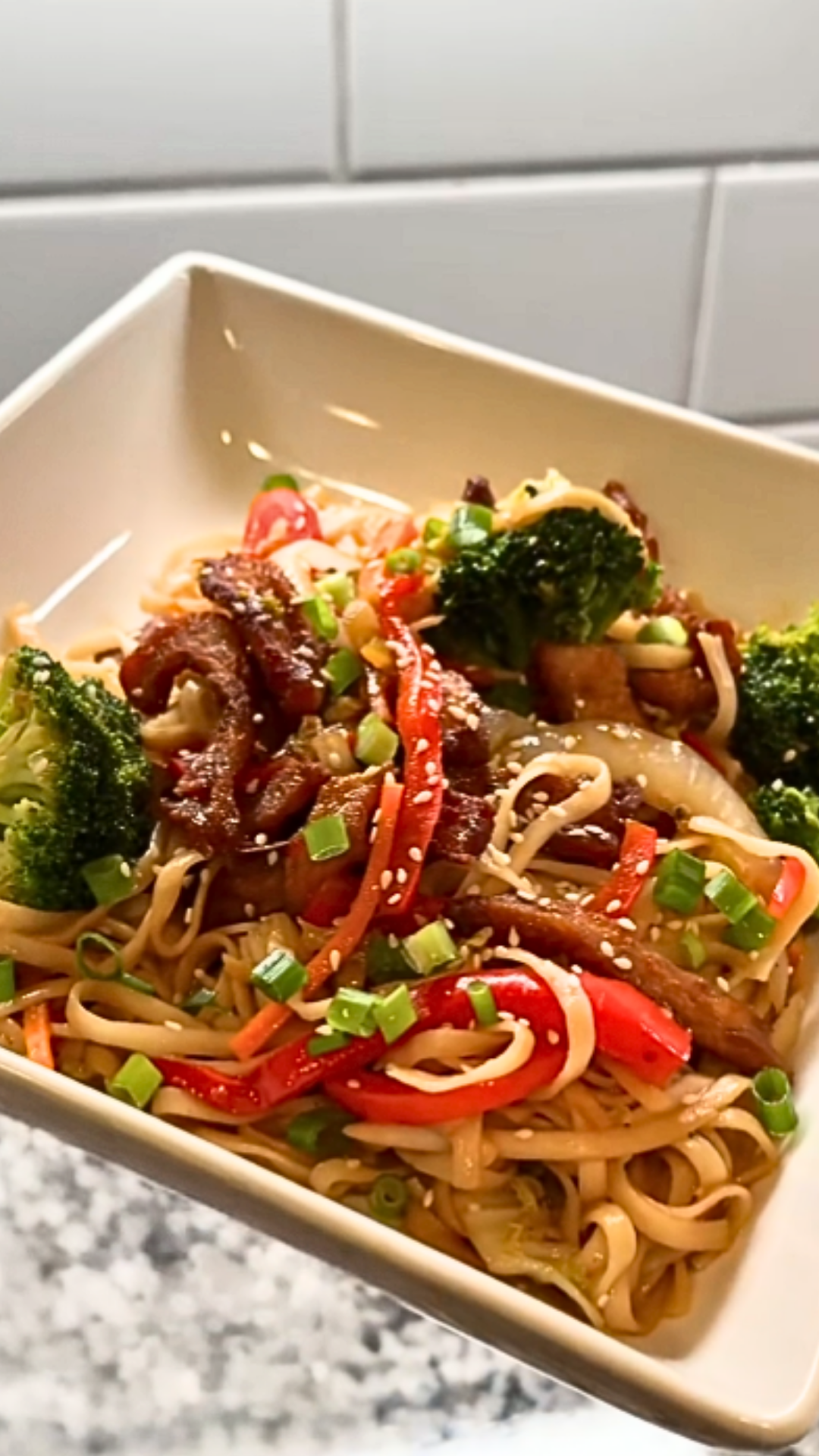 Sweet spicy brown butter chicken lo mein
