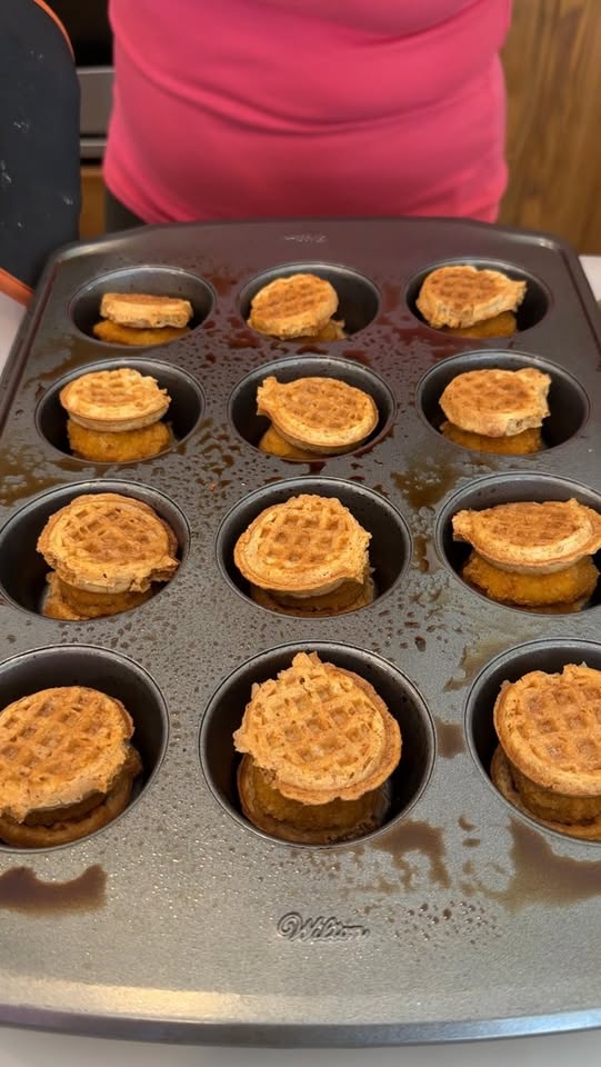 Mini chicken and waffles recipe with sweet and spicy twist