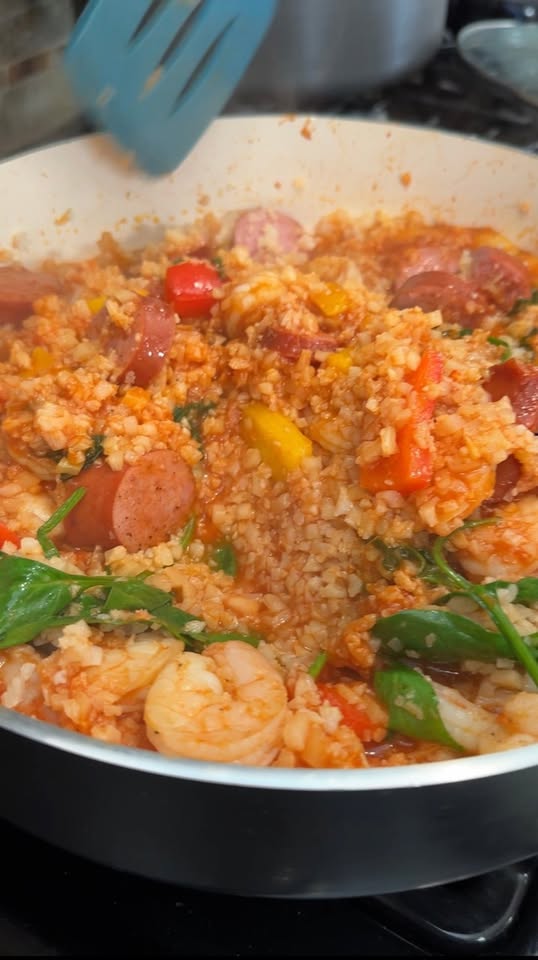 Delicious low carb kielbasa and shrimp cauliflower rice dinner