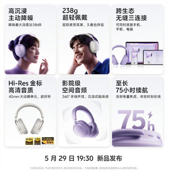 Vivo reveals specs of its first over-ear wireless headphones before launch
