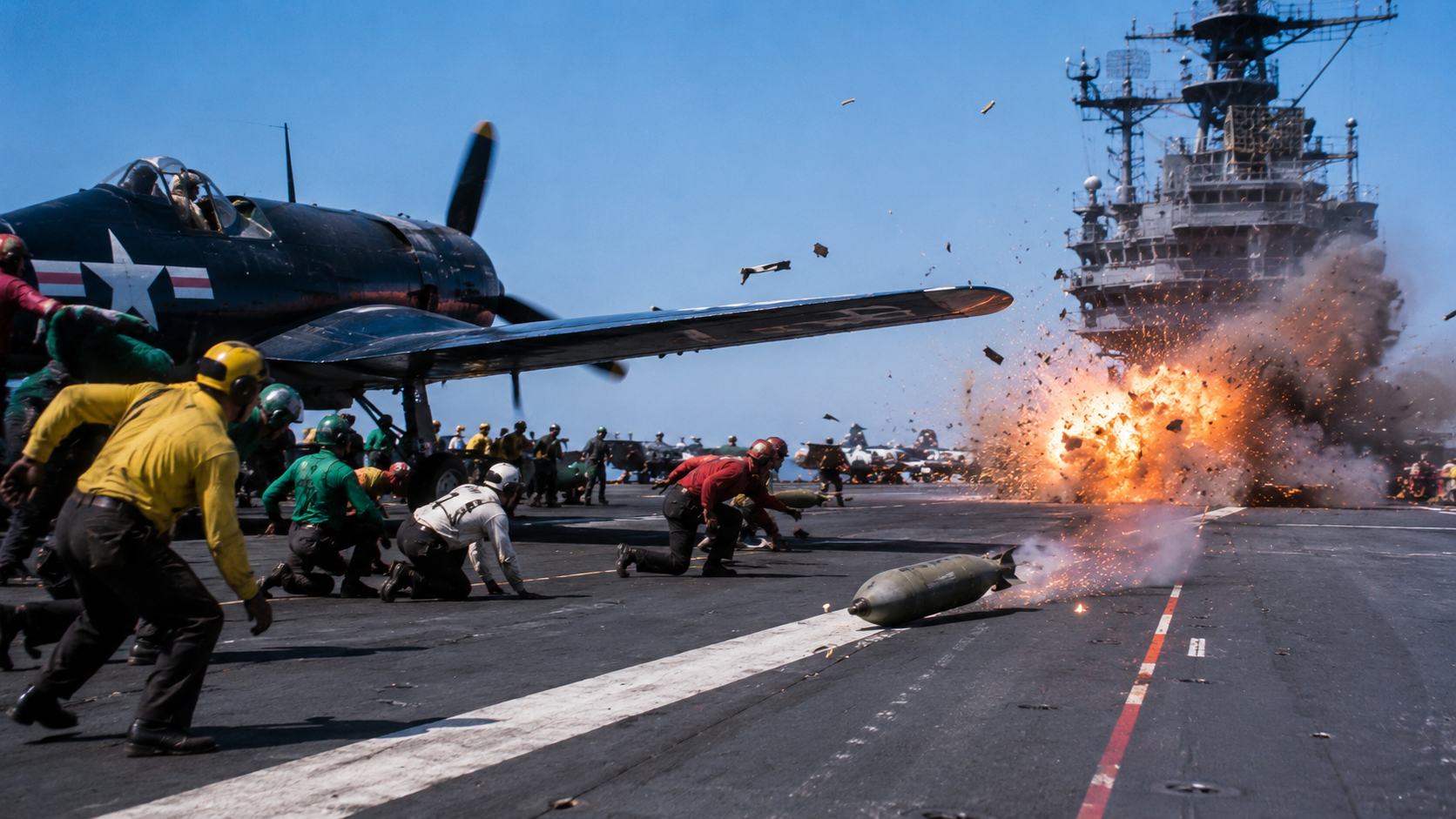 Live bomb bounces across carrier deck before exploding on camera