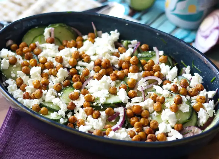 Cucumber, roasted chickpea, avocado and feta salad
