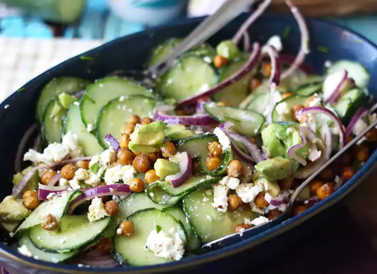 Cucumber, roasted chickpea, avocado and feta salad