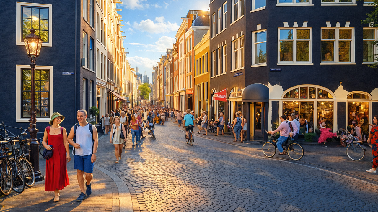 Vandring i Amsterdam med folkemengder og sykler