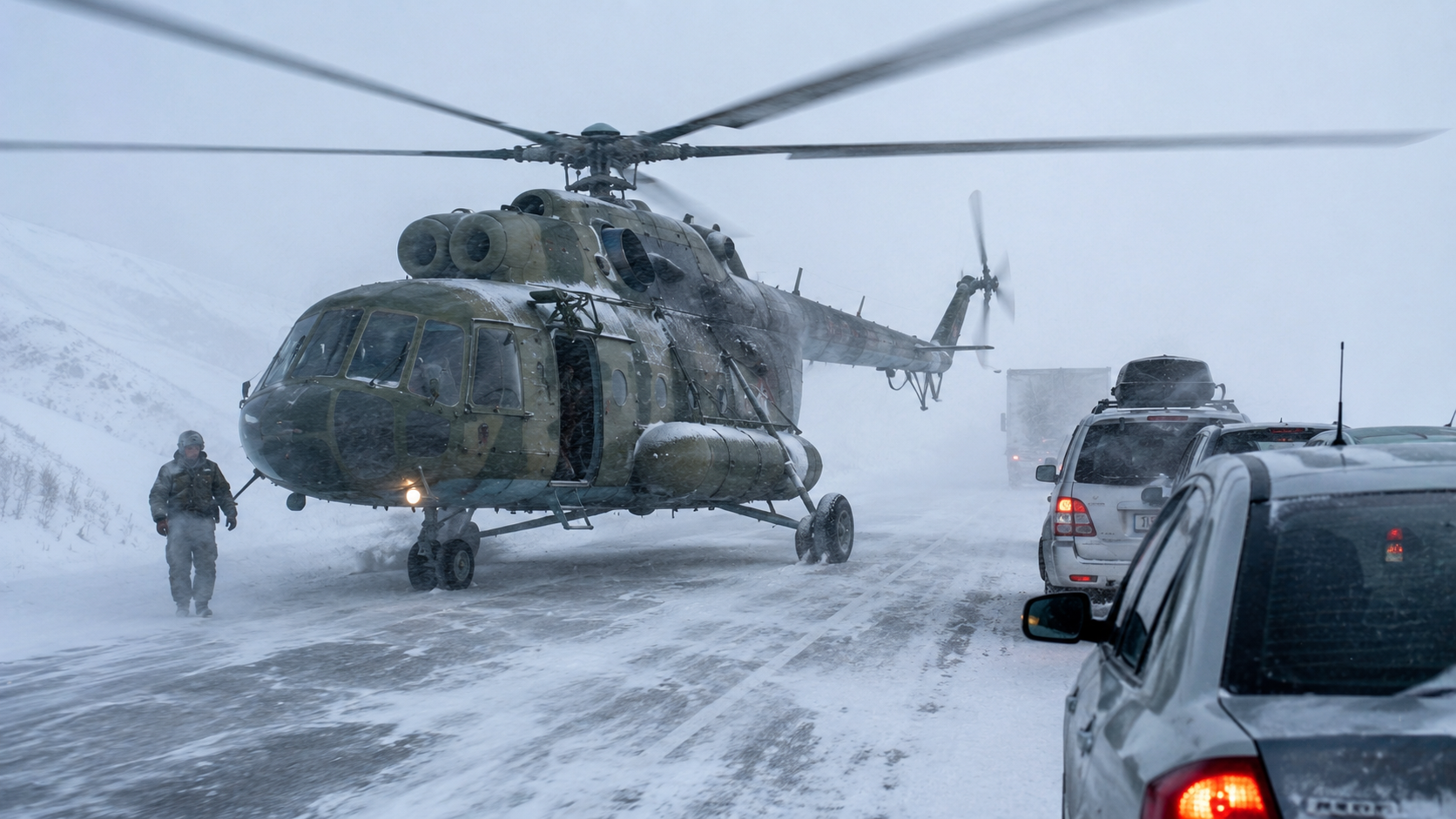 Drivers stunned as military helicopter lands in middle of blizzard highway