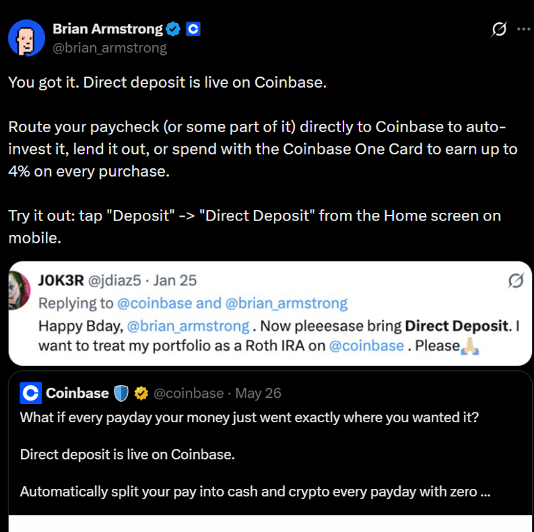 Brian Armstrong says you can now route your paycheck directly to ...