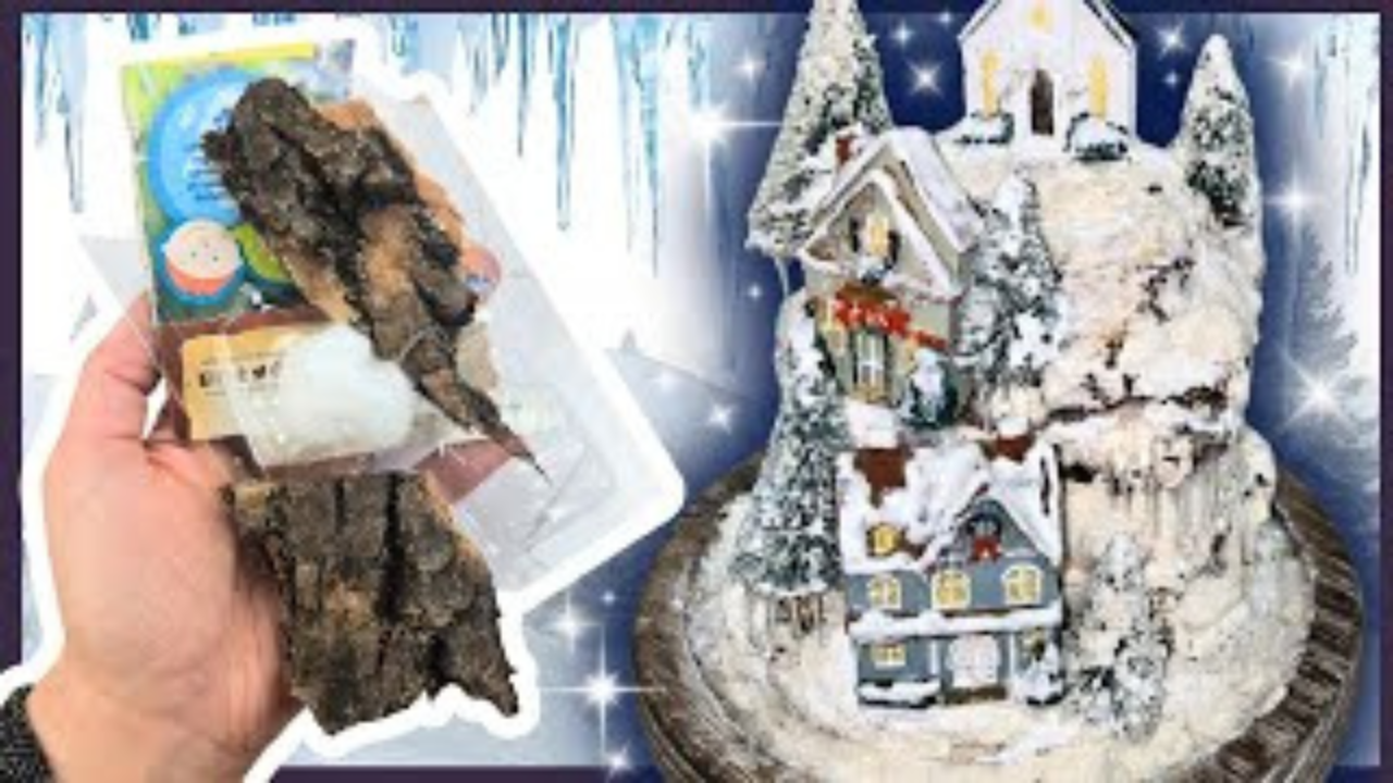 DIY mini winter wonderland with tree bark and icicles