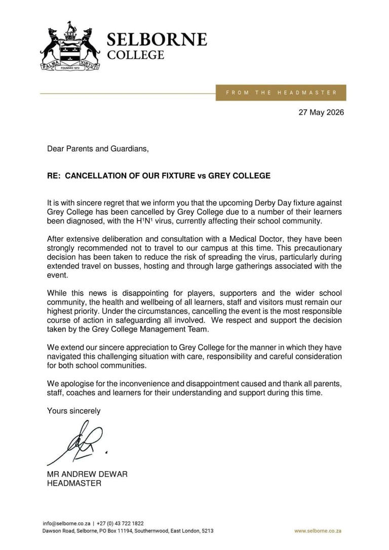 Grey College vs Selborne College fixtures called off after outbreak of ...