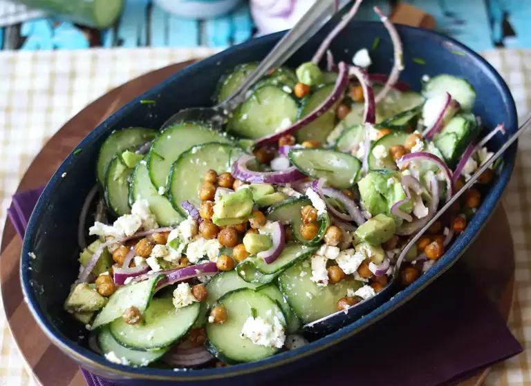 Cucumber, roasted chickpea, avocado and feta salad