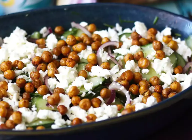 Cucumber, roasted chickpea, avocado and feta salad