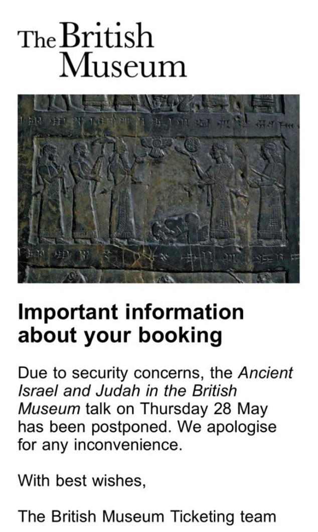 British Museum cancels Ancient Israel talk over security concerns