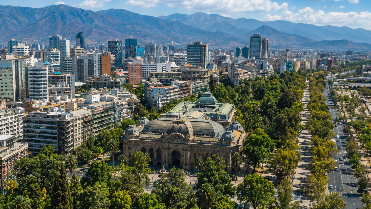 Santiago city view over Parque Forestal and Andes Mountains