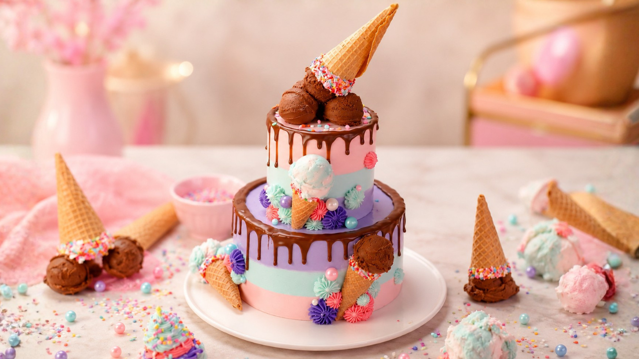 Pastel ice cream cone celebration cake