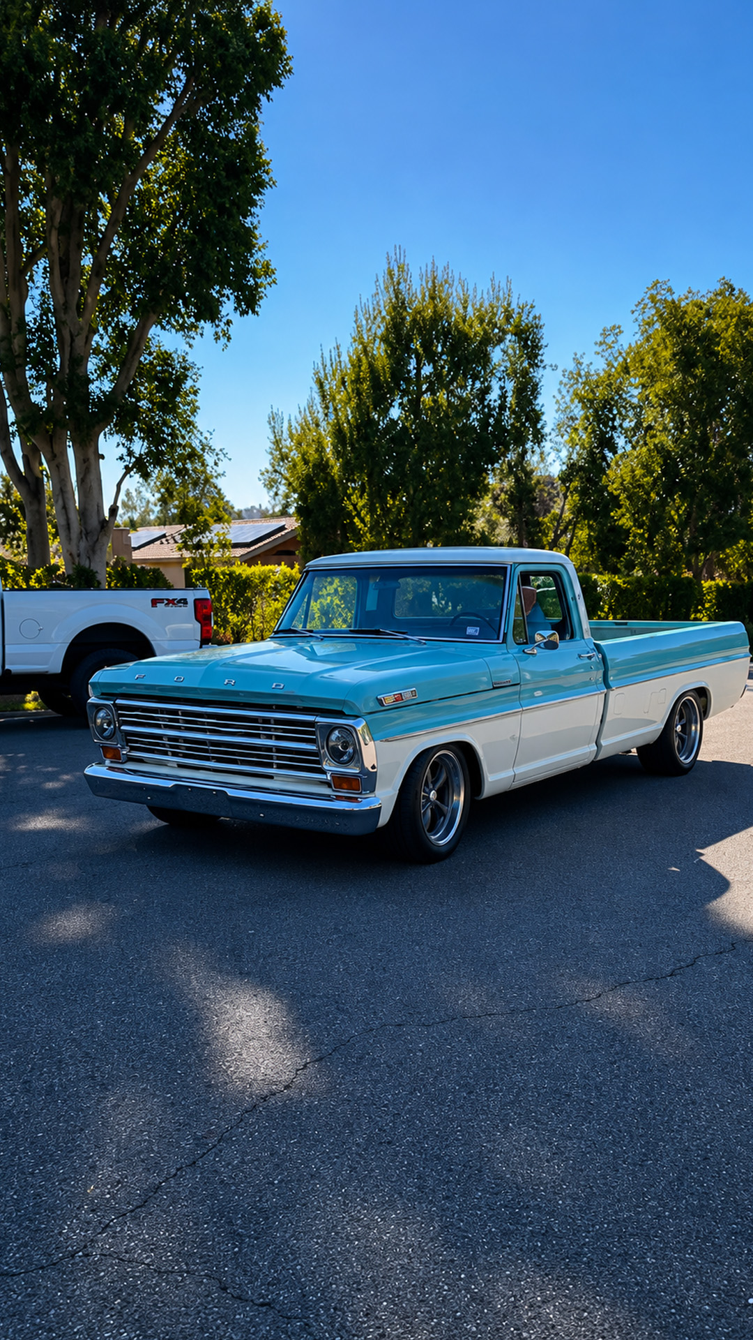 A classic Ford F100 truck with loud exhaust note