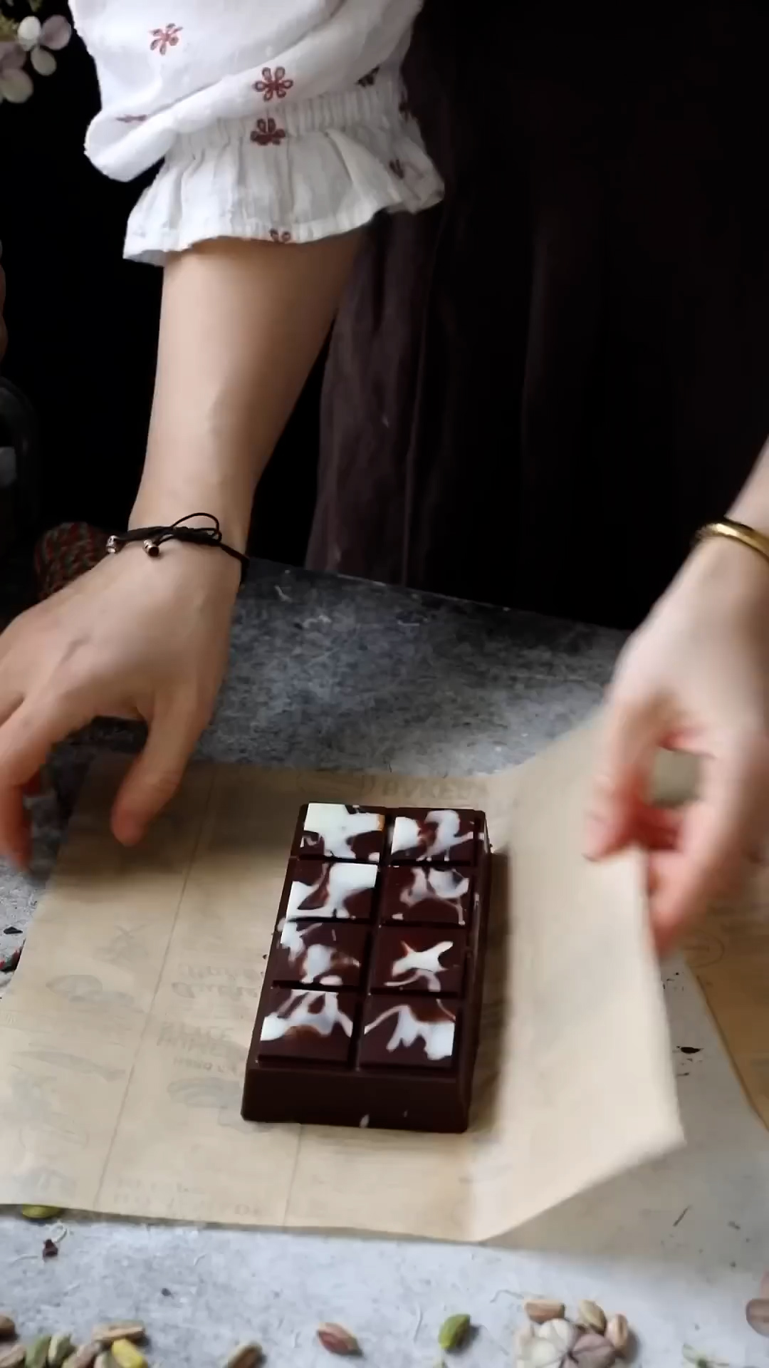 Trendy stuffed chocolate featuring tahini pistachio center