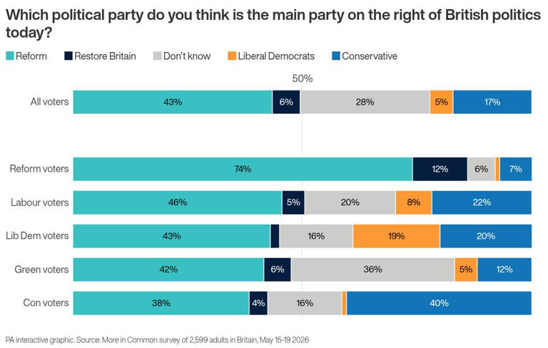 Reform now main party on right of British politics, poll finds