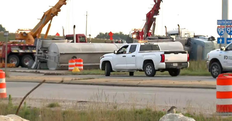 Grease truck overturns on US-421 ramp to I-95