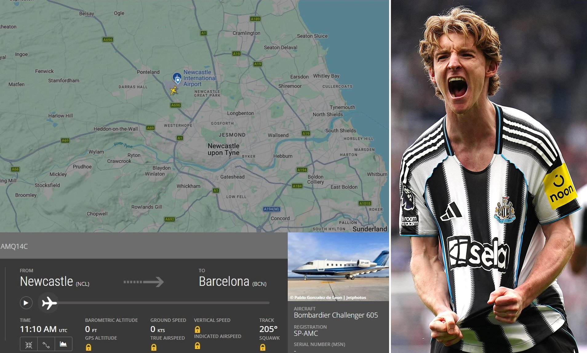 Anthony Gordon arrives in Barcelona after boarding a private jet to ...
