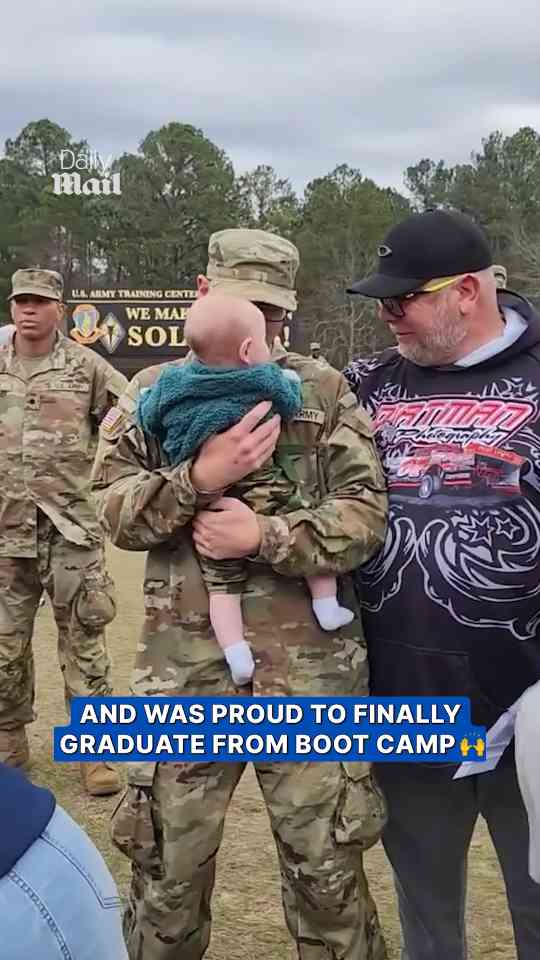 New soldier fights back tears as baby daughter taps him out