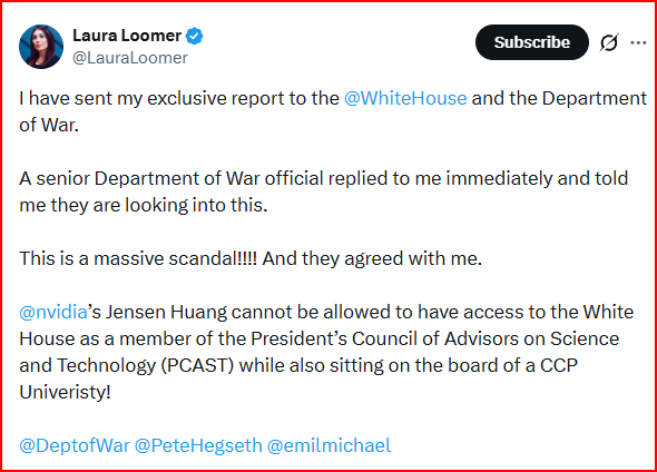 Trump ally Laura Loomer questions Nvidia CEO Jensen Huang's Chinese ...