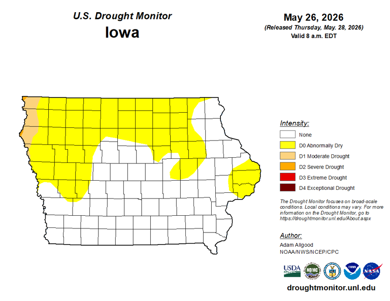 Drought edges back into Iowa after rain relief, Drought Monitor shows