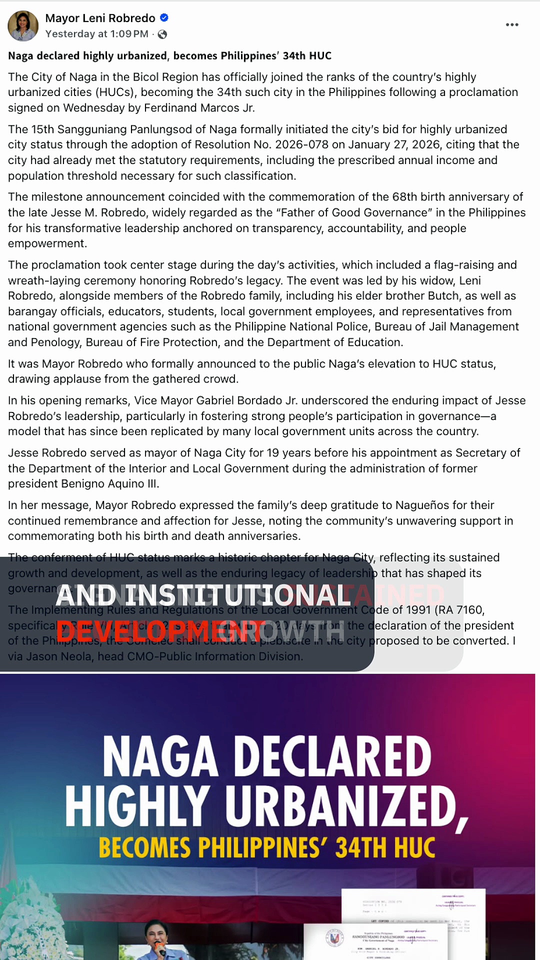 Marcos declares Naga as highly urbanized city