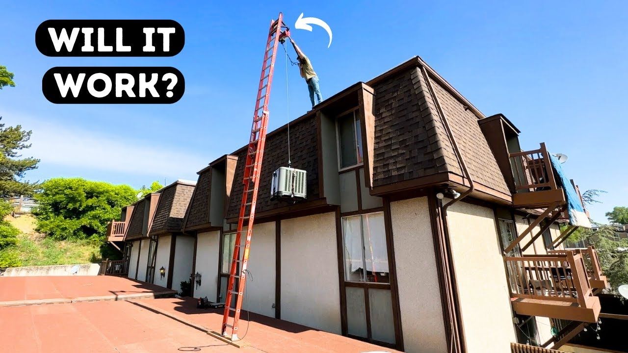 Rooftop A/C replacement using my homemade Harbor Freight ladder crane
