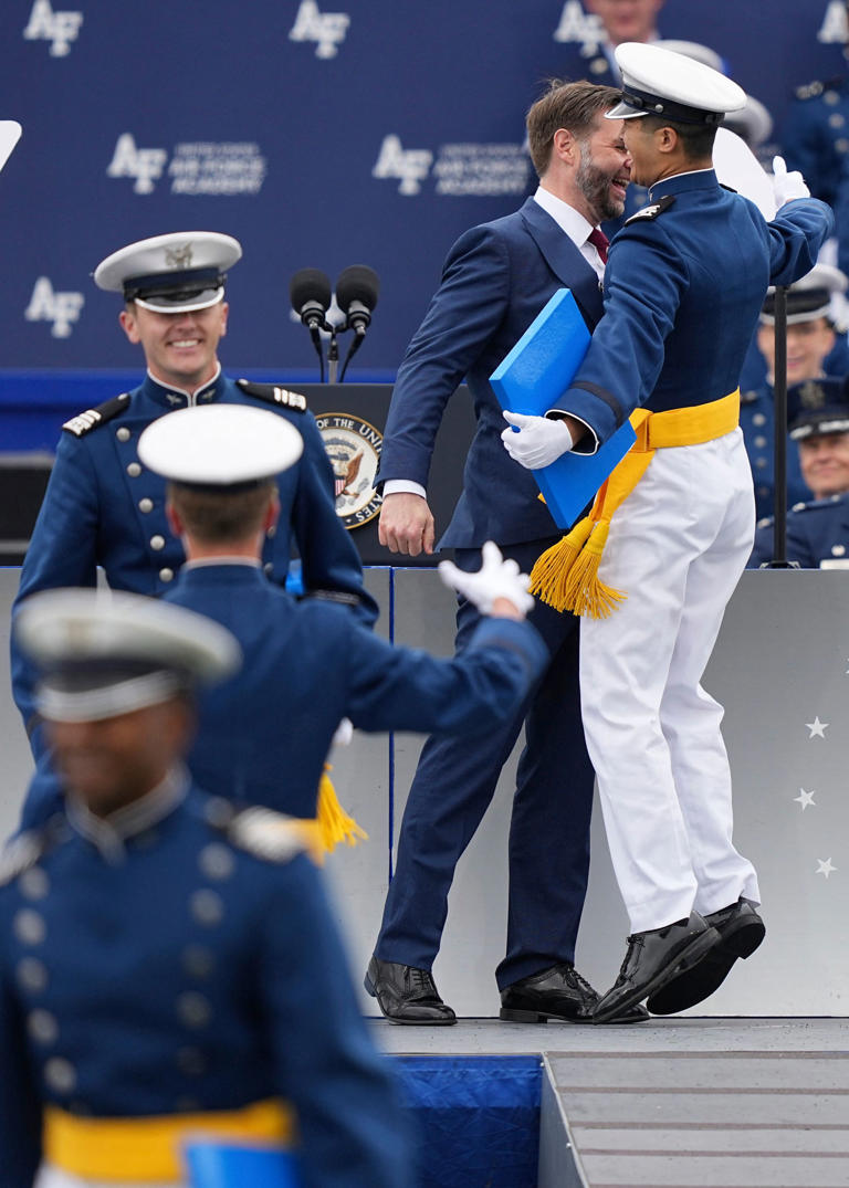 Vance chest bumps graduating cadets and echoes the pope’s AI warning