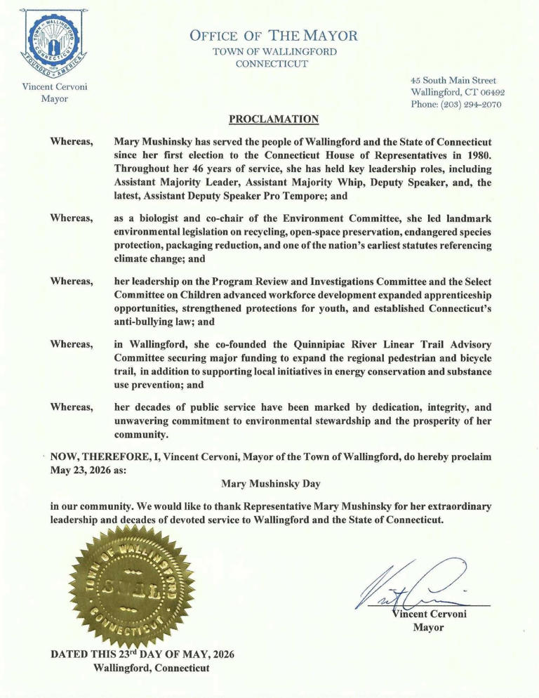 Mary Mushinsky Day proclaimed in Wallingford