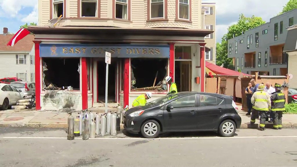 Compressed air tanks explode in fire at Brookline, Massachusetts scuba ...