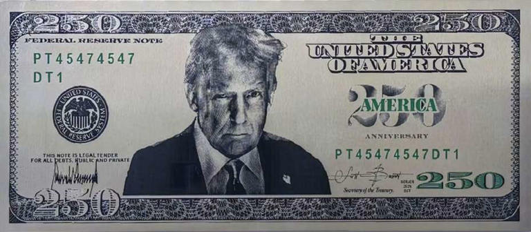 Here's the $250 bank note with Trump's mugshot on it