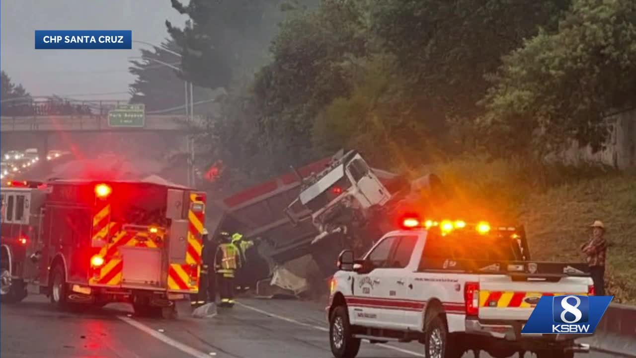 Semi truck crash temporarily closes ramp on Highway 1 in Santa Cruz