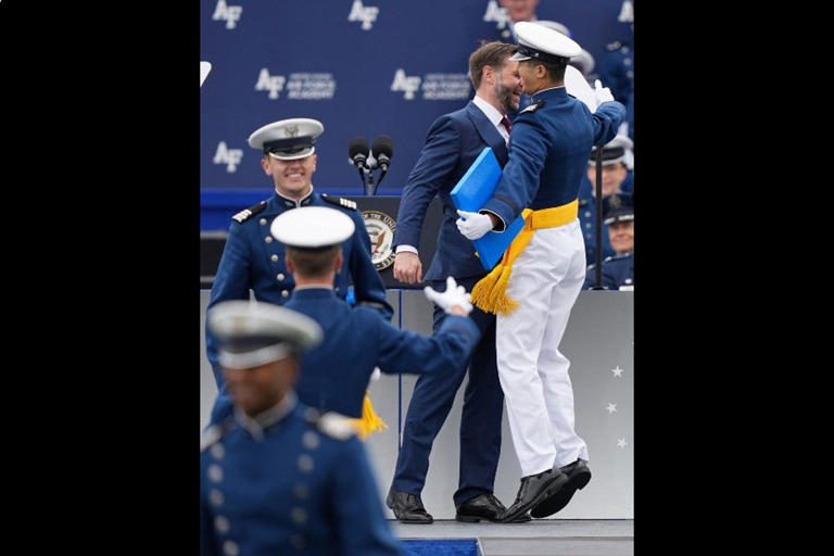 Vance chest bumps graduating cadets and echoes the pope’s AI warning