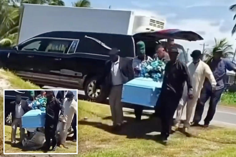 Stunning video shows body fall out of bottom of casket at funeral as ...