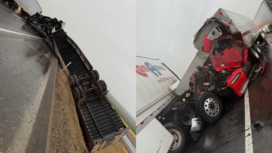 Multiple crashes involving big rigs impact I-5, hazmat situation reported