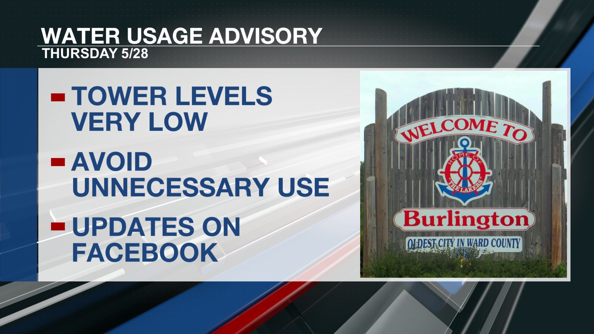 Burlington residents asked to restrict water usage amid tower issues