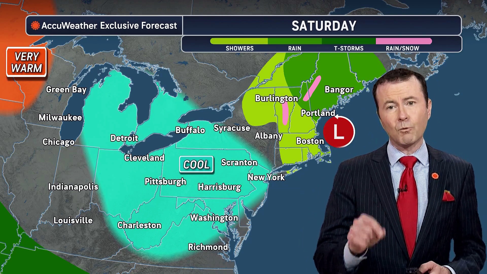 Cool and wet for New England, sunny for mid-Atlantic