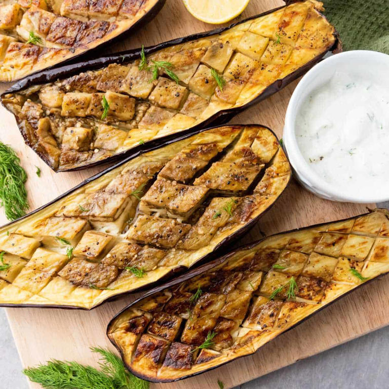 Roasted eggplant with yogurt dill sauce