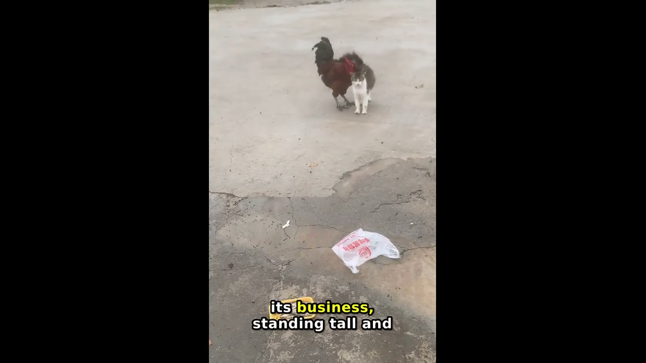 Cat cuddles and follows rooster in heartwarming moment